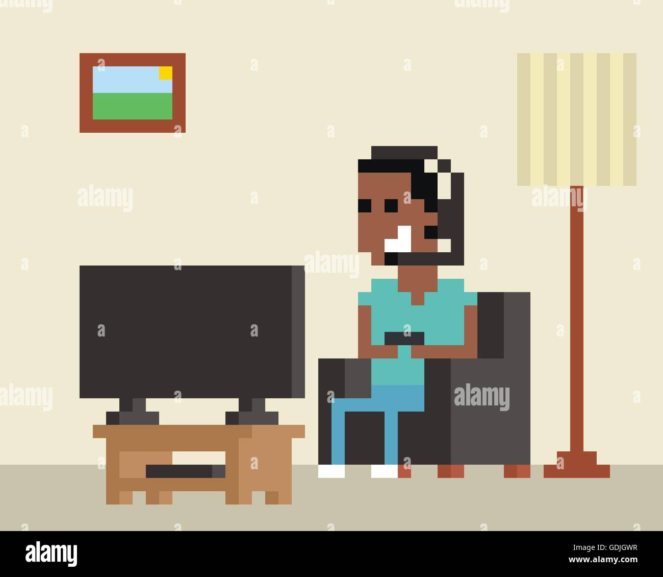 Pixel Art Image Of Gamer Playing Online At Home Stock Vector Image ...