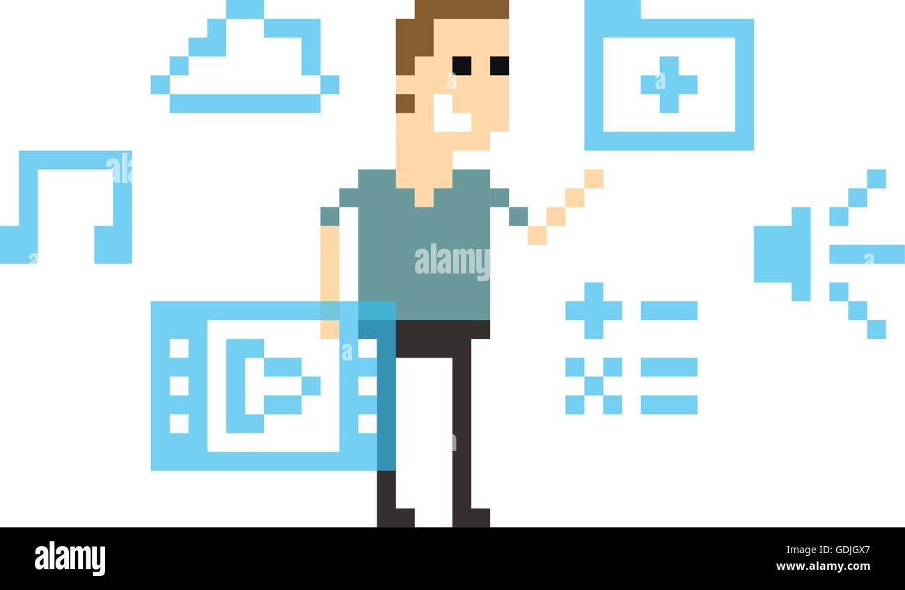 Pixel Art Image Of Man Amongst Virtual Reality Graphics Stock Vector ...