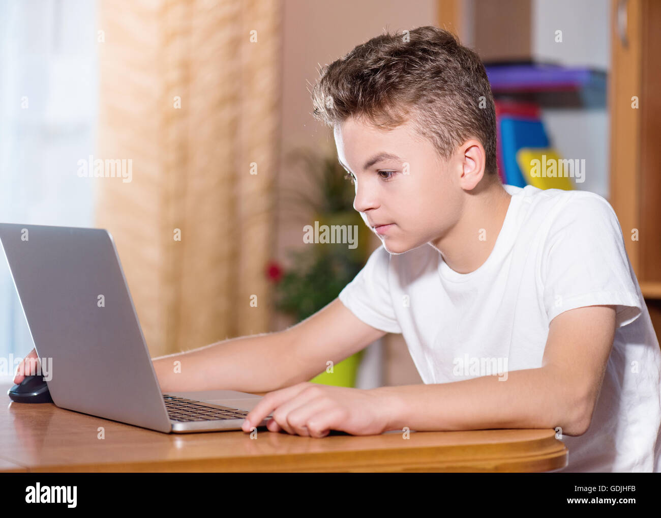 Teen boy working on laptop Stock Photo - Alamy