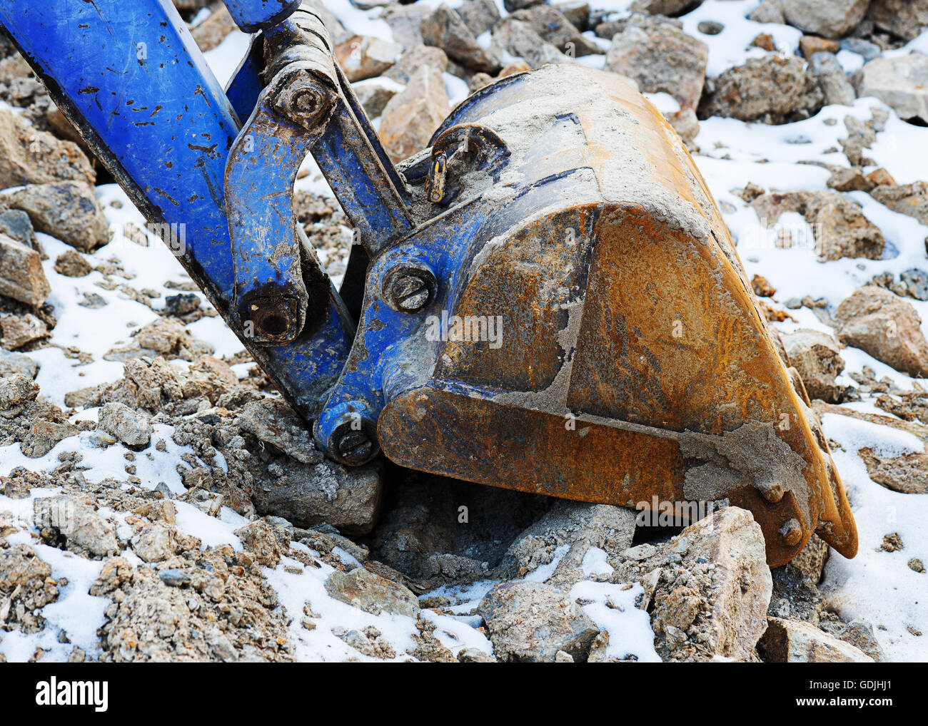 Small bulldozer excavator loader machine works outdoors at construction ...