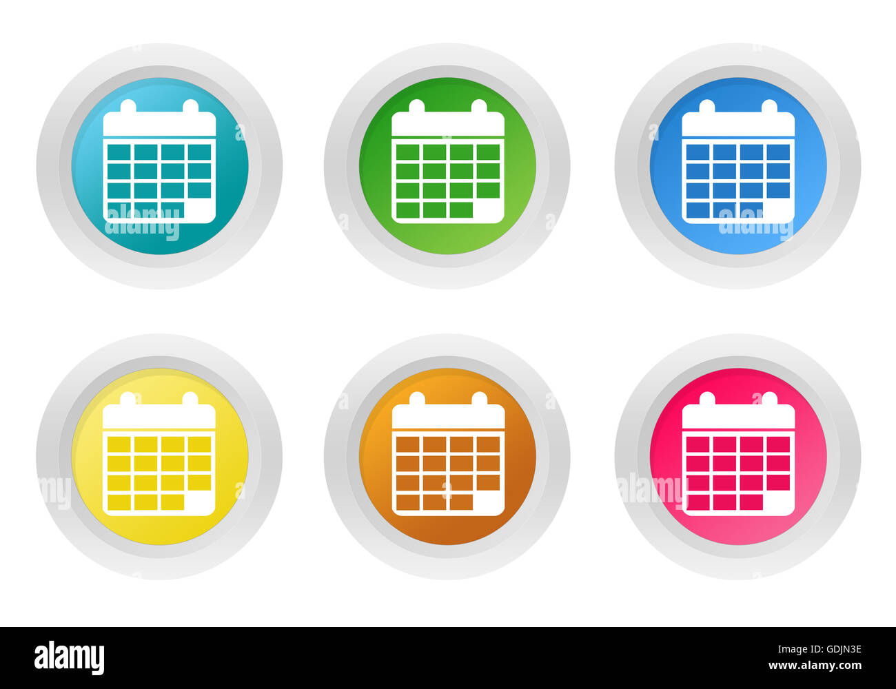 Set of rounded icons with calendar symbol in blue, green, yellow ...