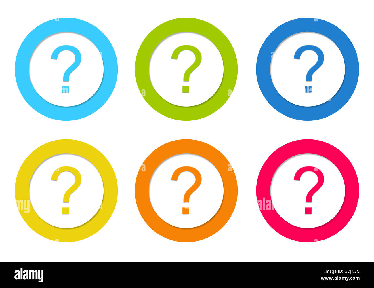 Set of rounded colorful buttons with question mark symbol in blue ...