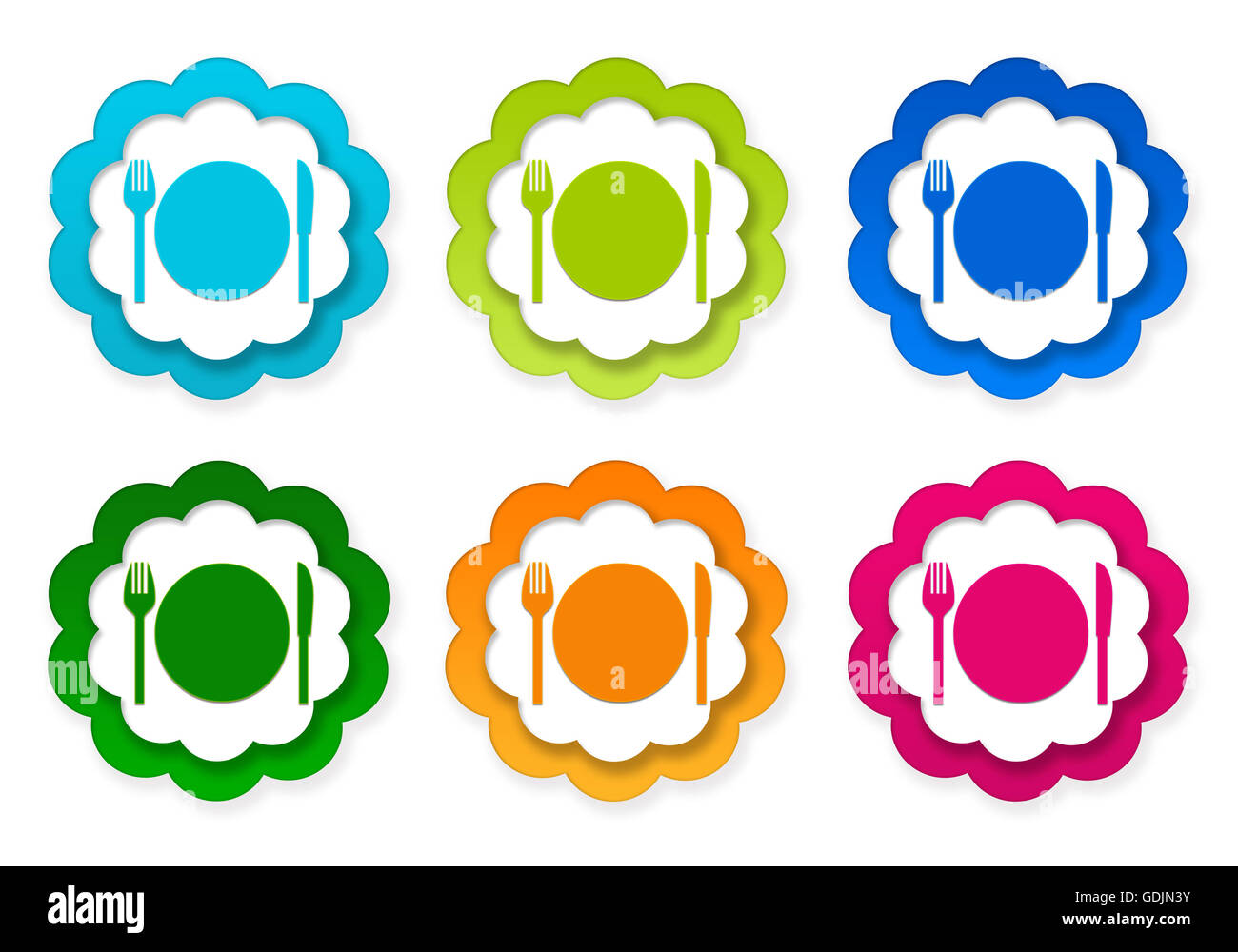 Set of colorful stickers icons with restaurant symbol in blue, green ...