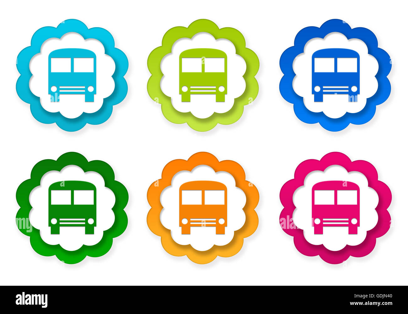 Set of colorful stickers icons with bus symbol in blue, green, pink and ...