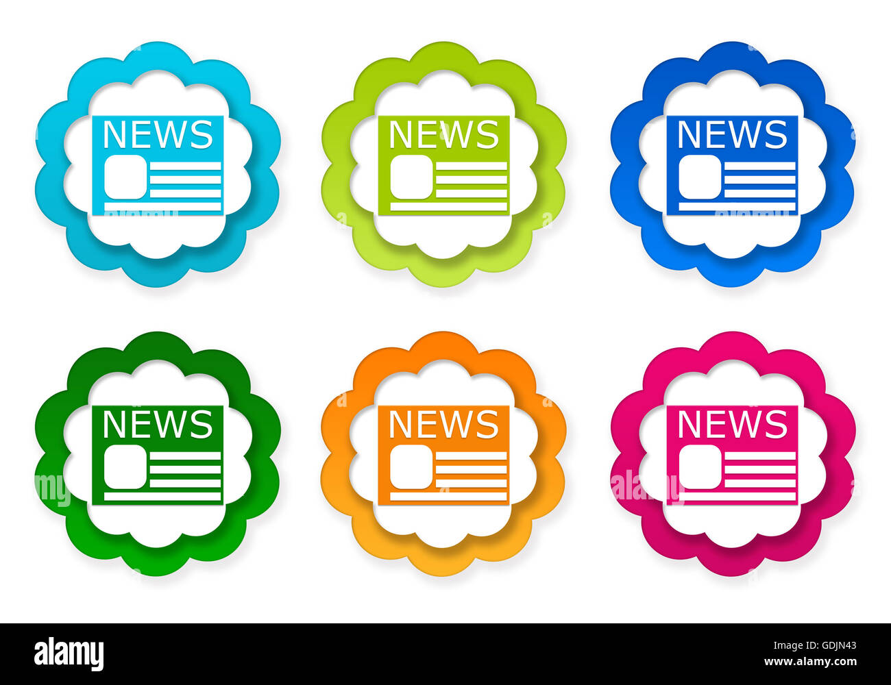 Set of colorful stickers icons with news symbol in blue, green, yellow ...