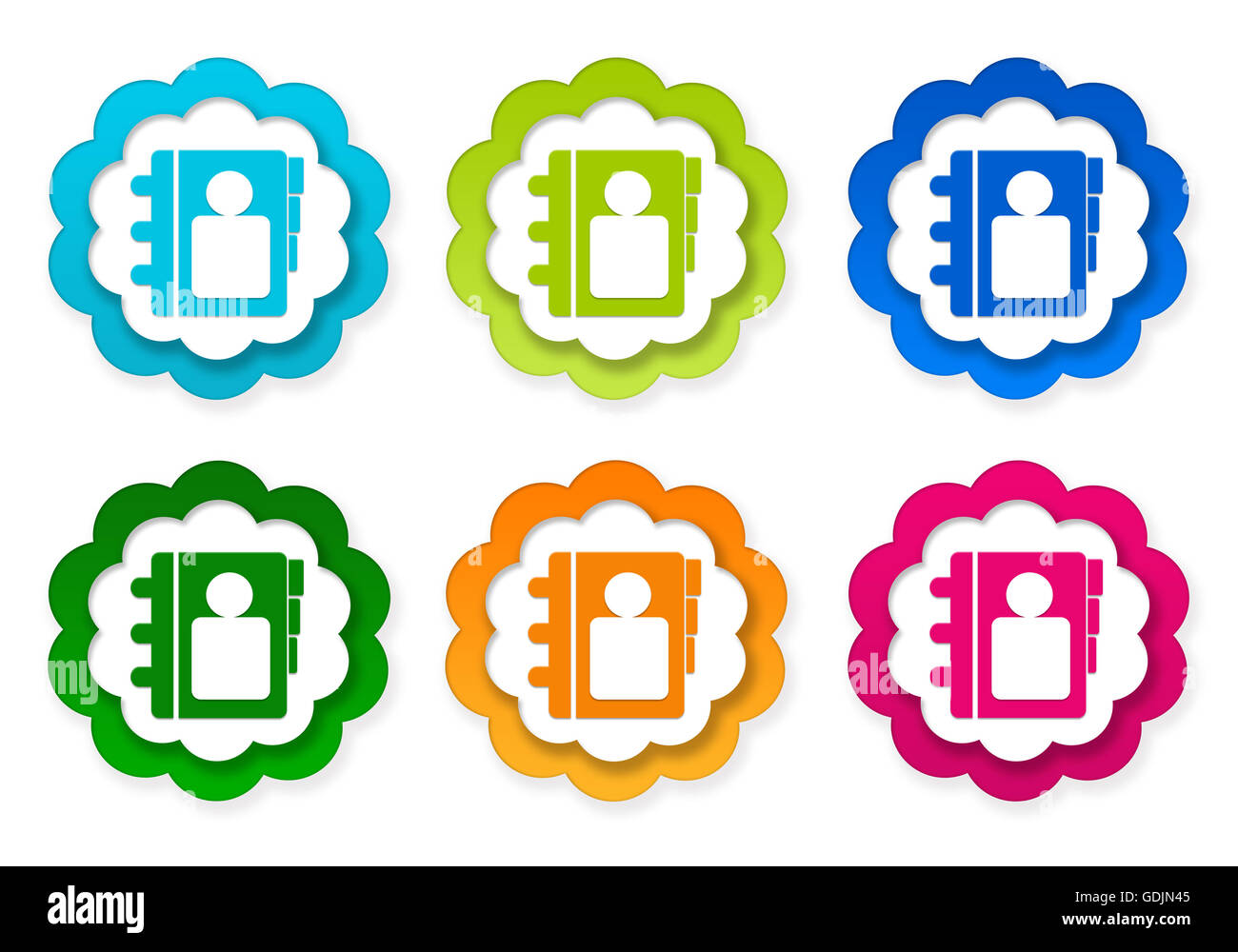 Set of colorful stickers icons with address book symbol in blue, green ...