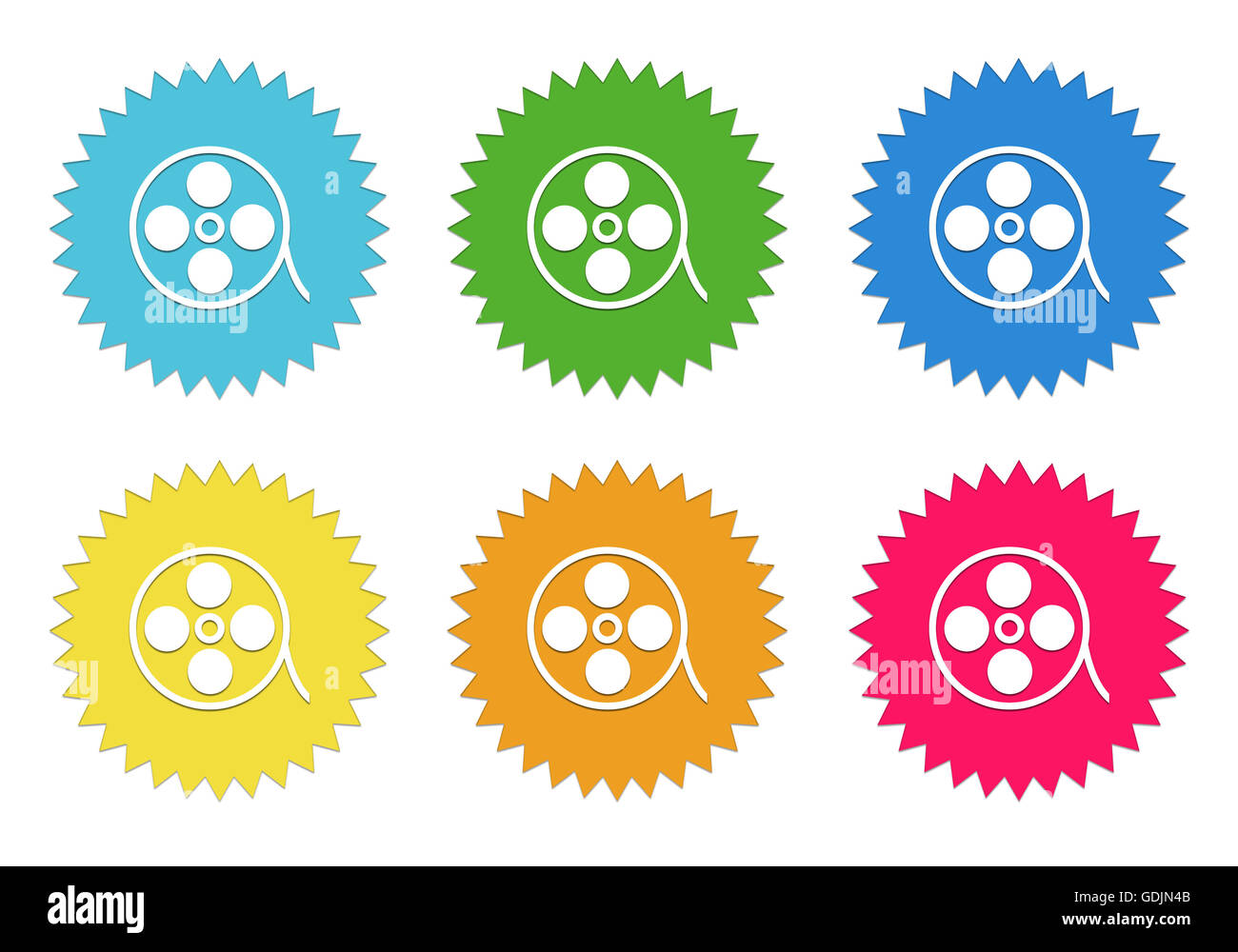 Set of colorful stickers icons with movie symbol in blue, green, yellow ...