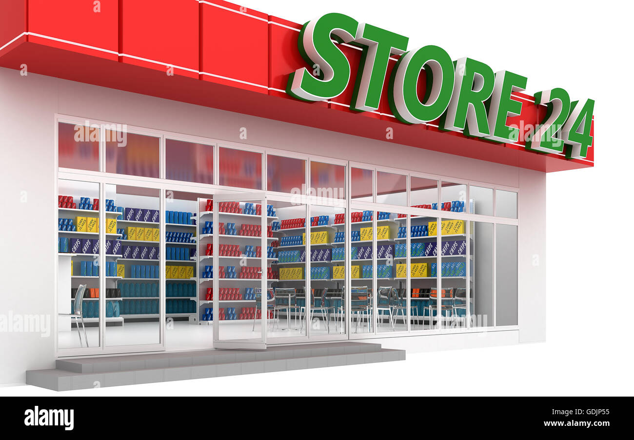 illustration of a 24-hour store with cafe Stock Photo - Alamy