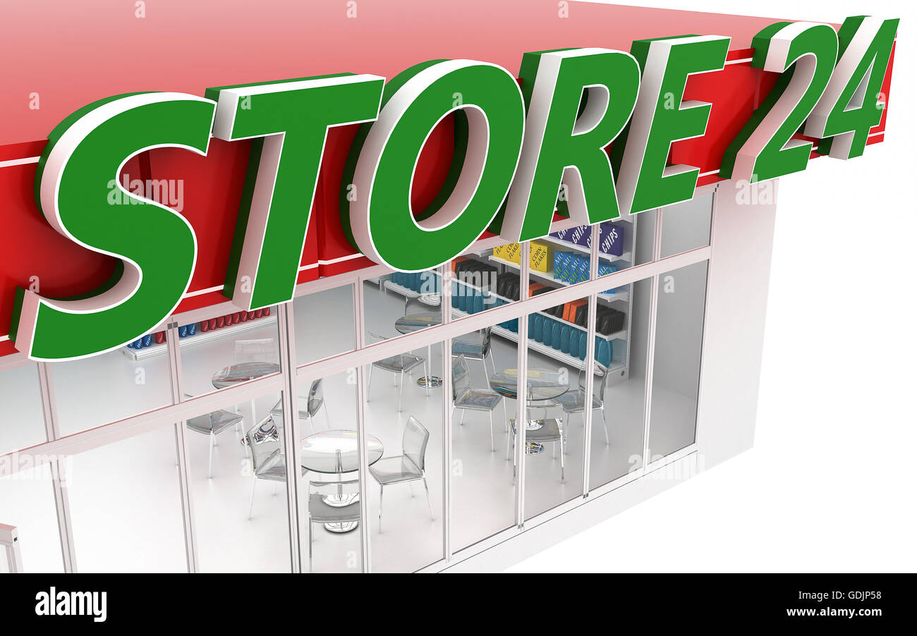 illustration of a 24-hour store with cafe Stock Photo - Alamy