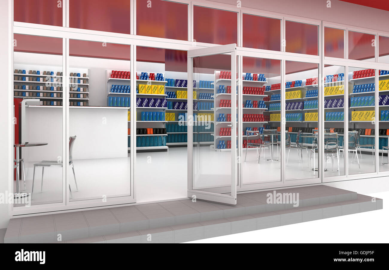 illustration of a 24-hour store with cafe Stock Photo - Alamy