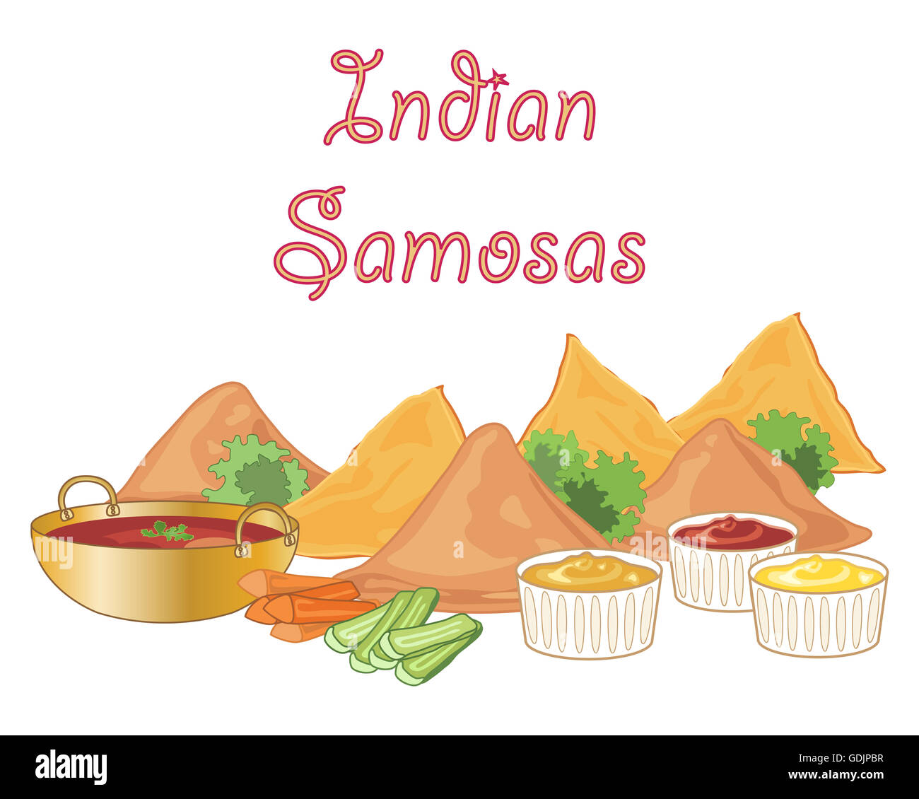 an illustration of some samosa snack food with dipping sauces and ...