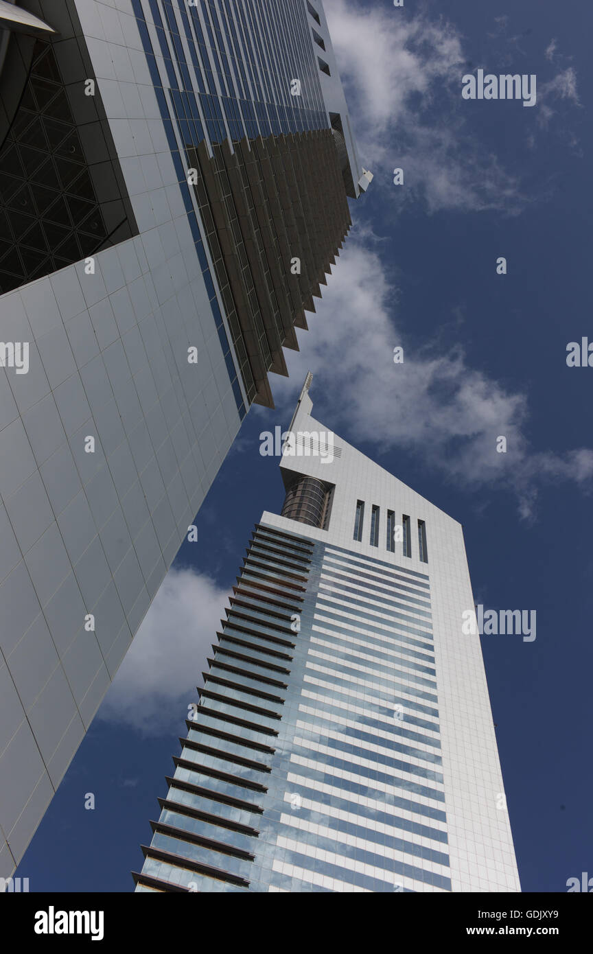 View of iconic Emirates towers from the ground, Dubai, United arab ...