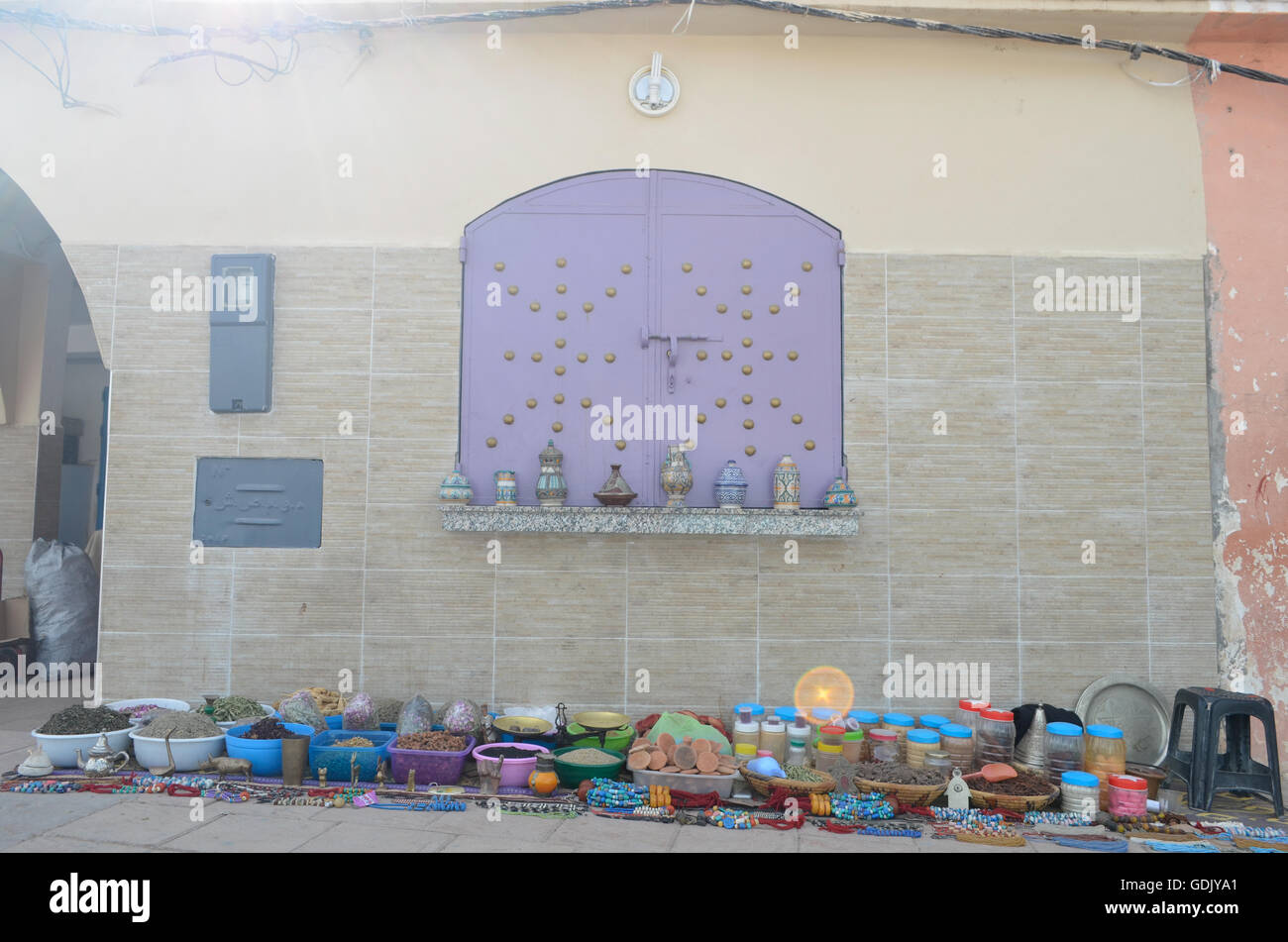 Local vendor displays his Goods on a traditional Moroccan window Stock ...