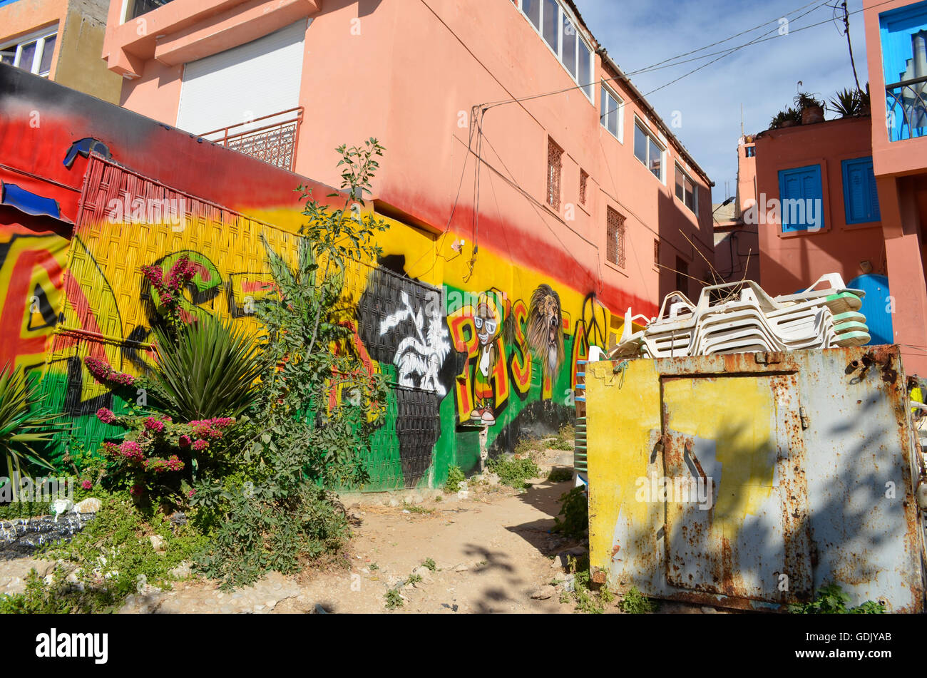 Reggae Street art drawn on a wall on the beach in Taghazout village ...