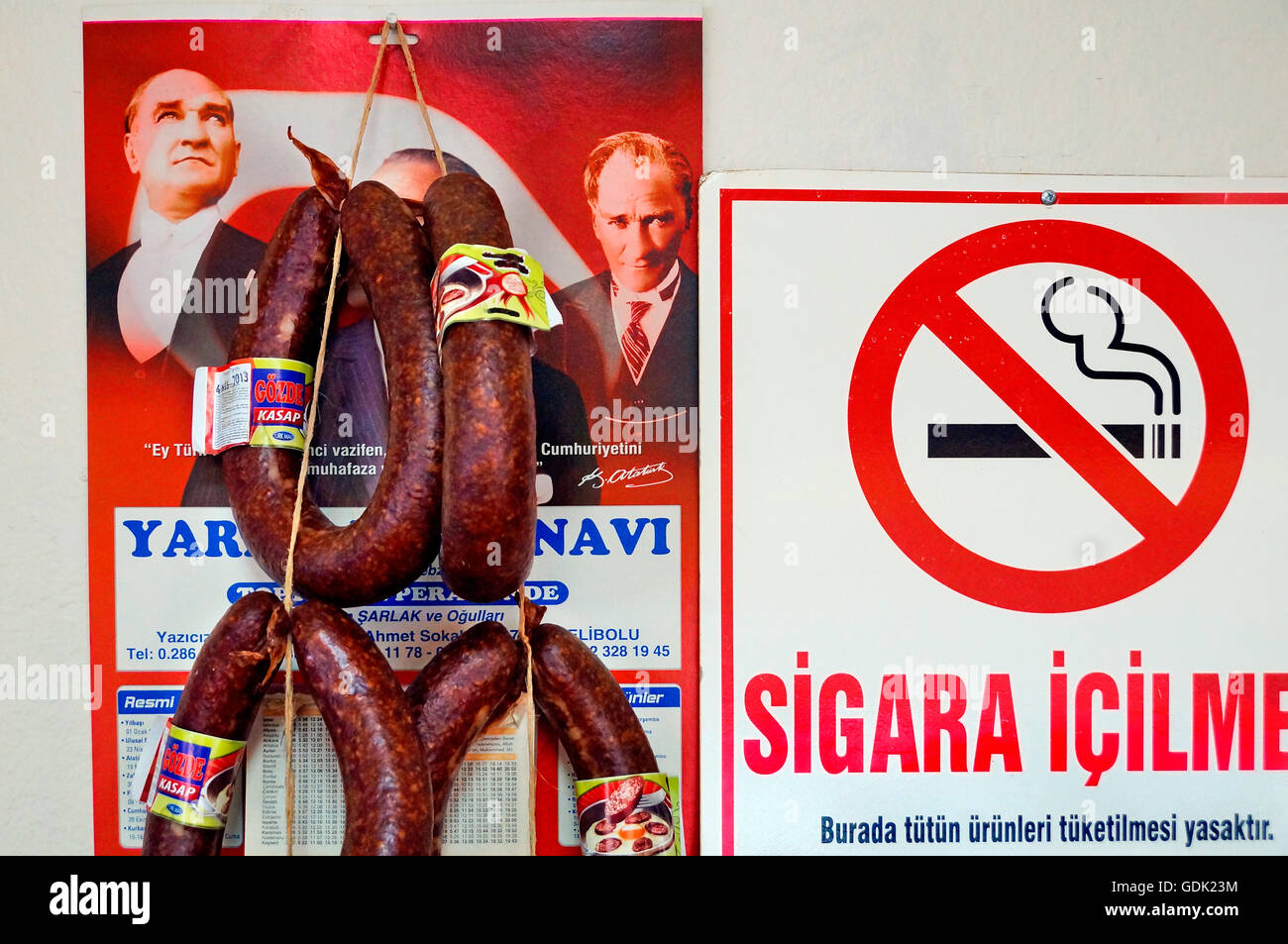 Ataturk in honor with sausages and no smoking sign in a grocery shop at ...