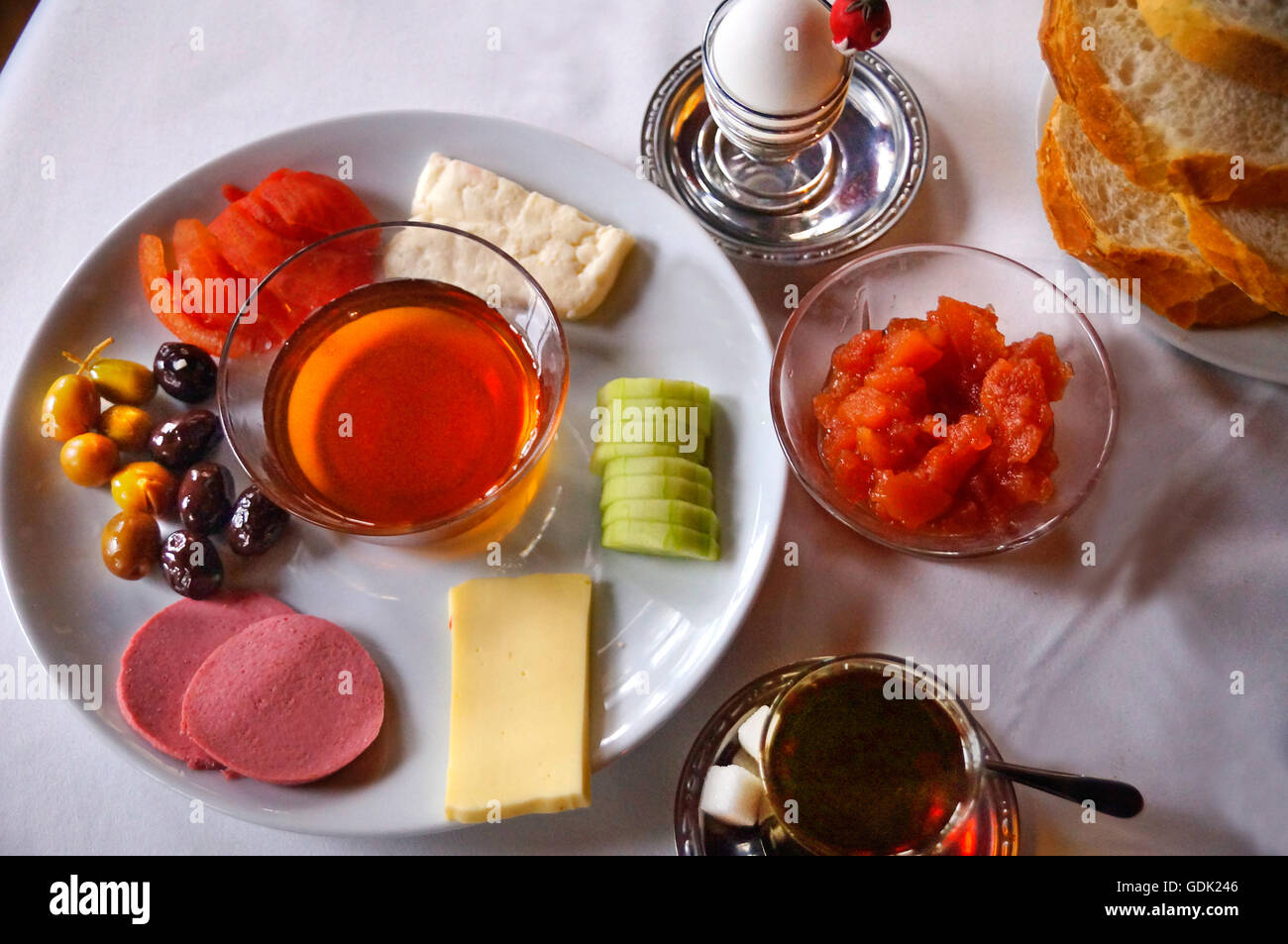 Food- Typical Turkish breakfast with olives, tomatoes, sausage, honey ...