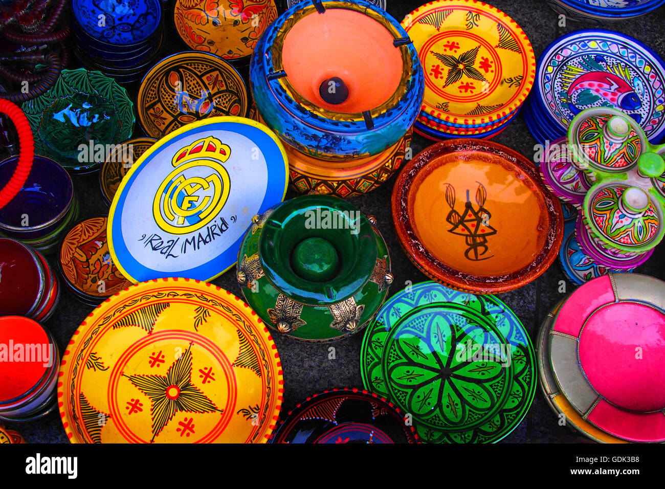 Ceramics with Islamic designs and a plate with "Real Madrid" Football ...