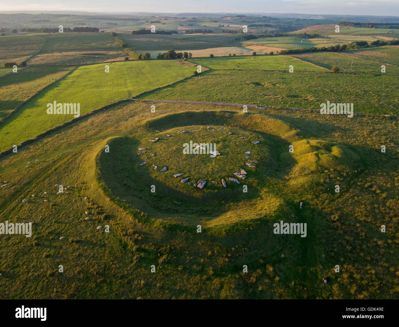 Aerial view of Arbor Low neolithic stone circle, Peak District ...