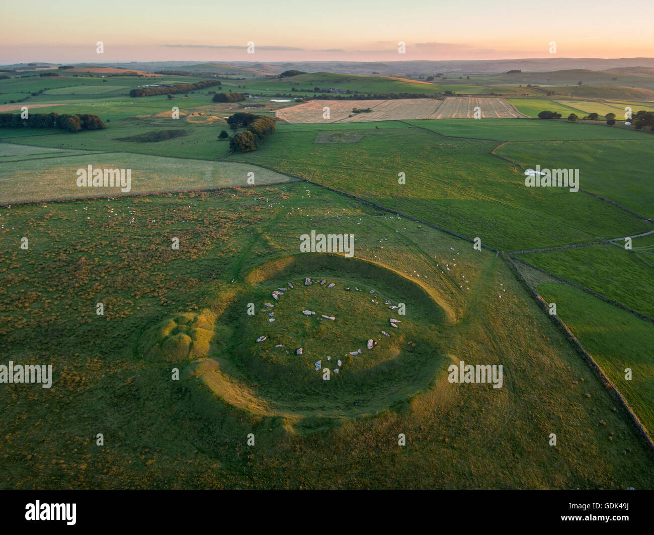 Aerial view of Arbor Low neolithic stone circle, Peak District ...
