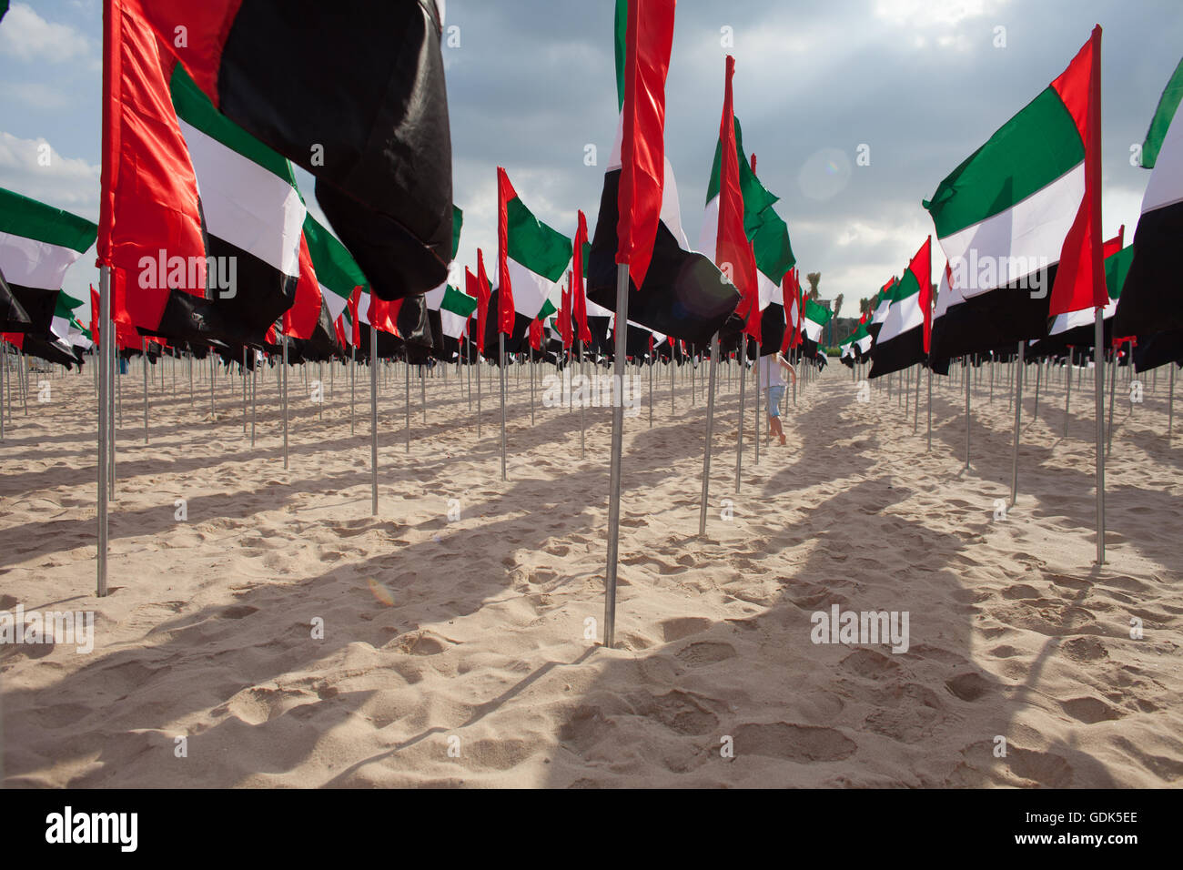 UAE flag set up at Jumeirah beach during 43rd UAE National Day Stock ...