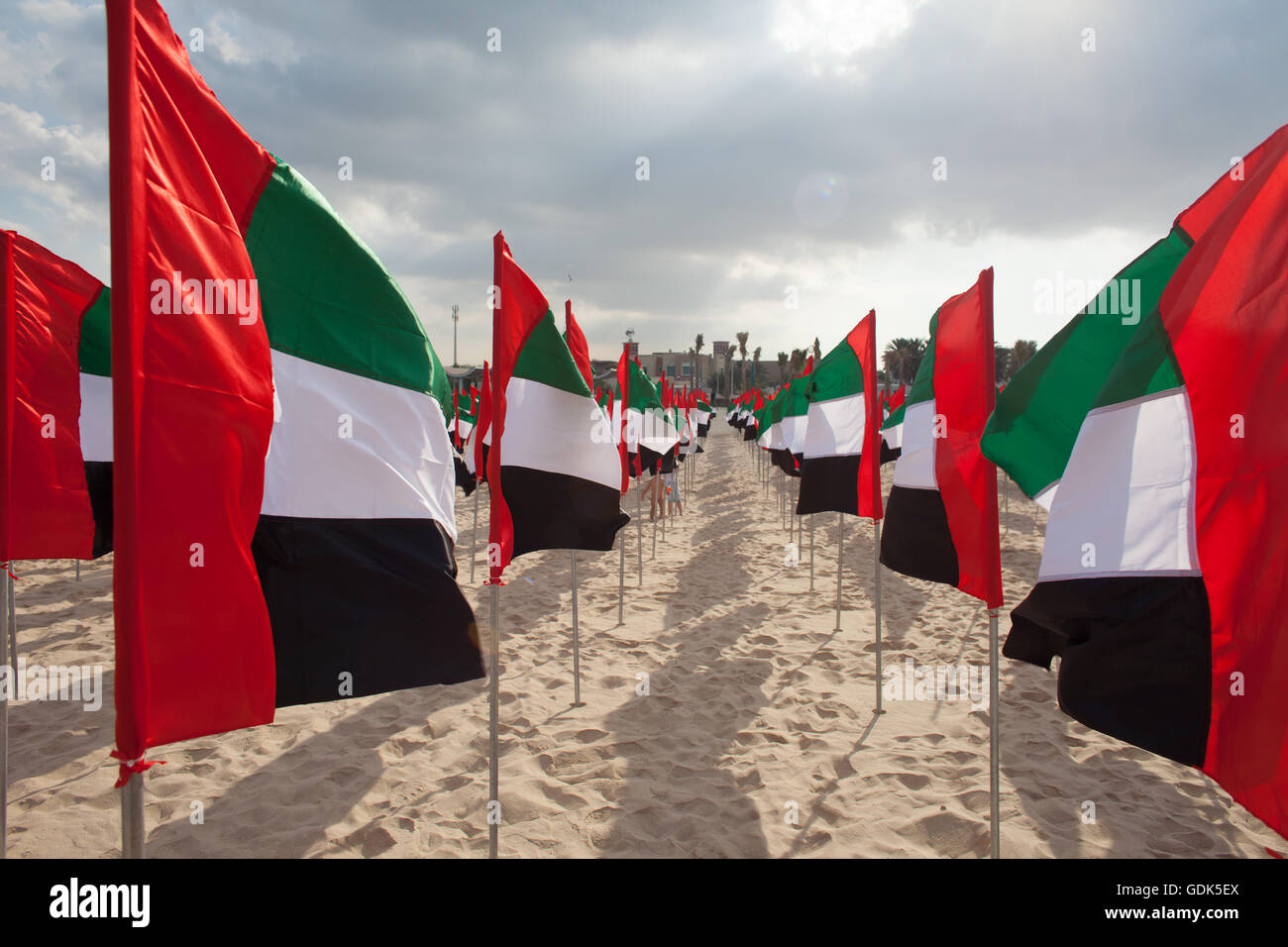 UAE flag set up at Jumeirah beach during 43rd UAE National Day Stock ...