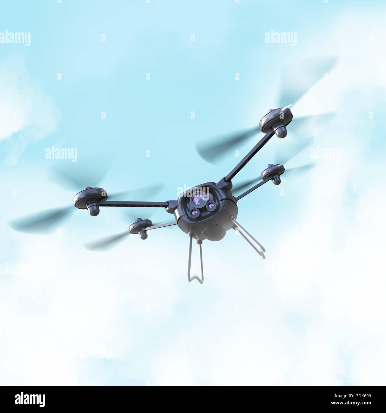 aerial robot drone, quadrocopter, with camera flying in the blue sky ...