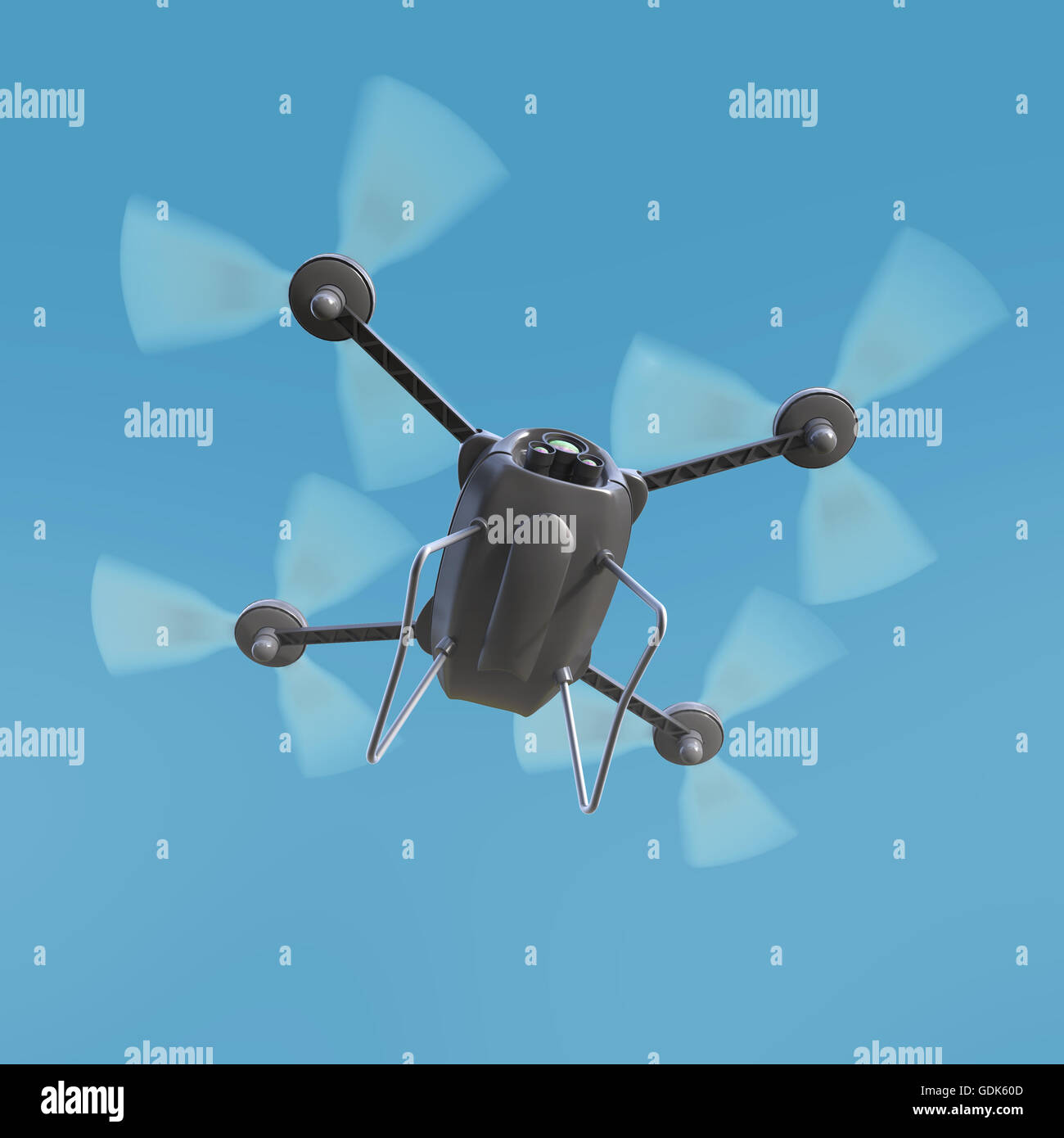 aerial robot drone, quadrocopter, with camera flying in the blue sky ...
