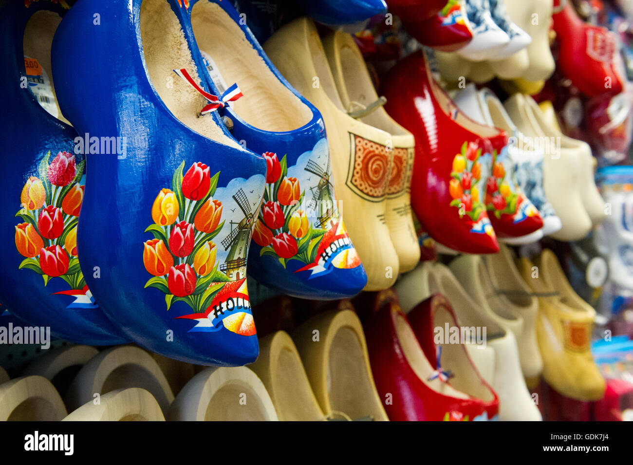 Colourful traditional handmade clogs on display in Amsterdam, Holland ...