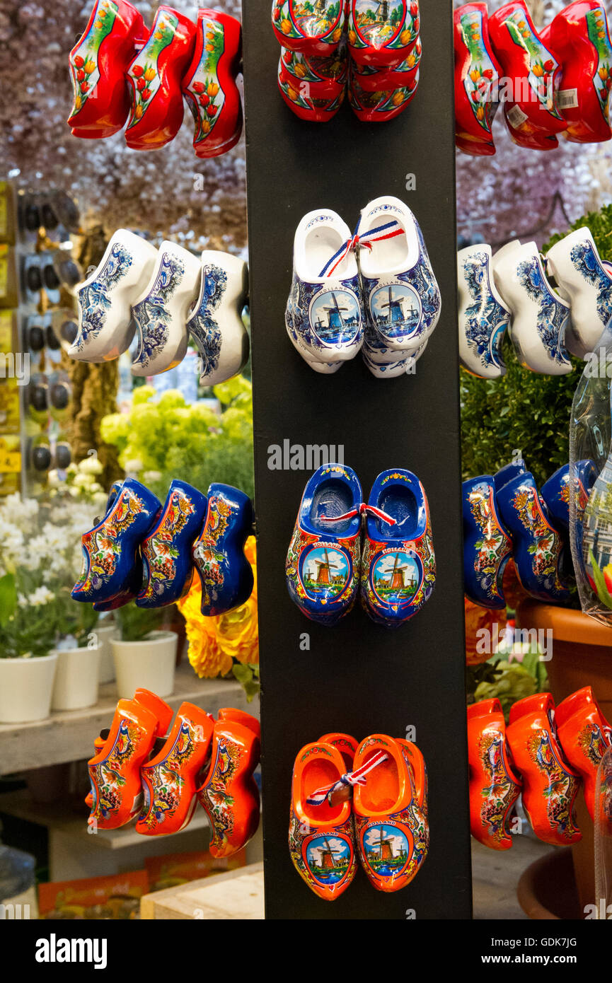 Colourful traditional handmade clogs on display in Amsterdam, Holland ...