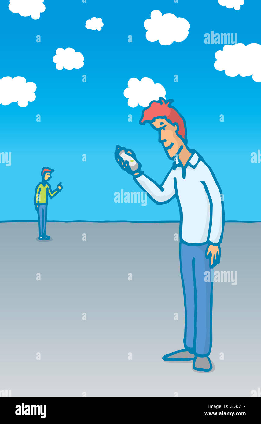 Cartoon illustration of two people using their mobile phone or ...