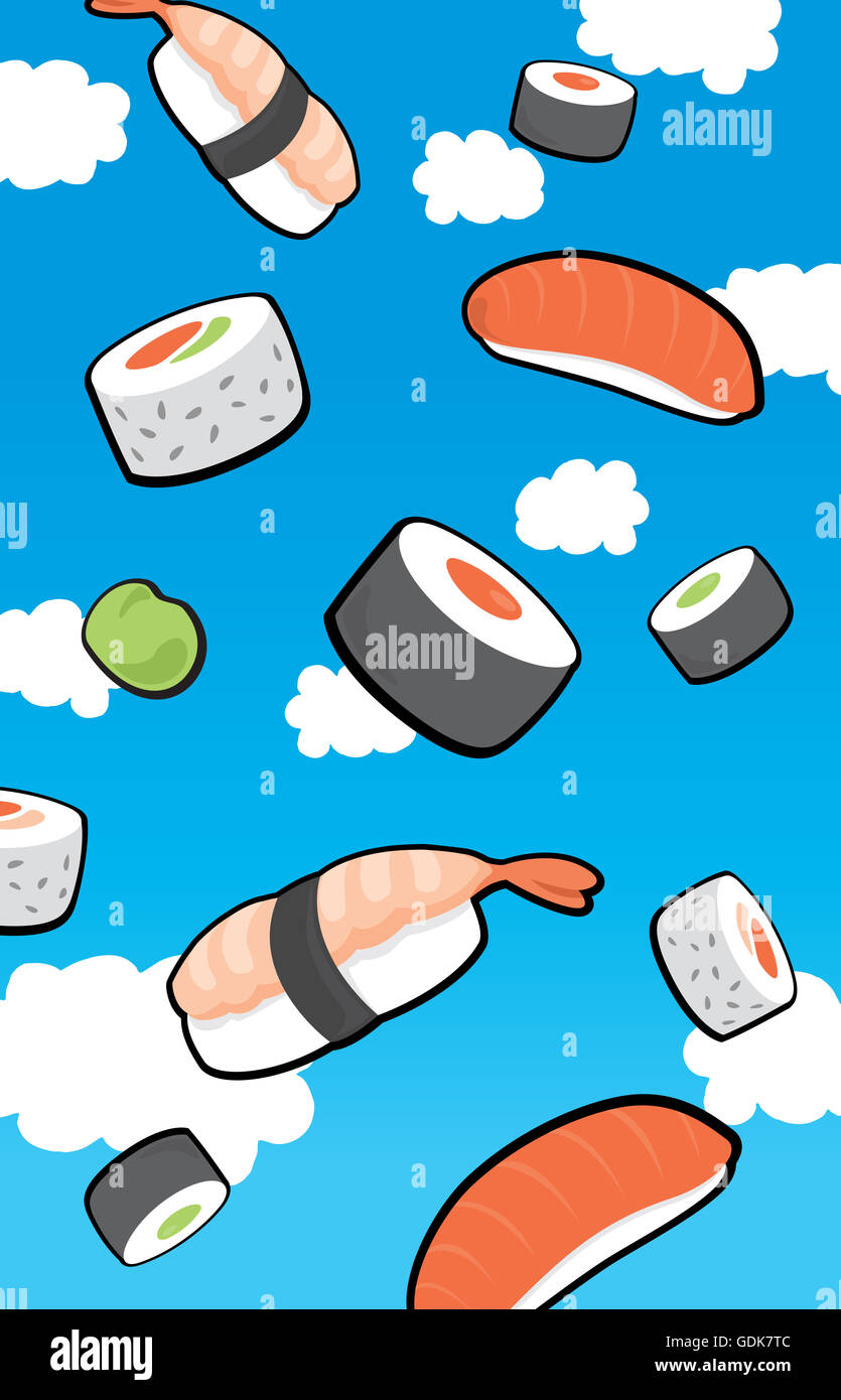 Cartoon illustration of a variety of sushi falling from the sky like ...
