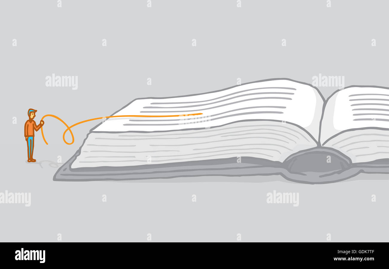 Cartoon illustration of small man understanding and interpreting a book ...