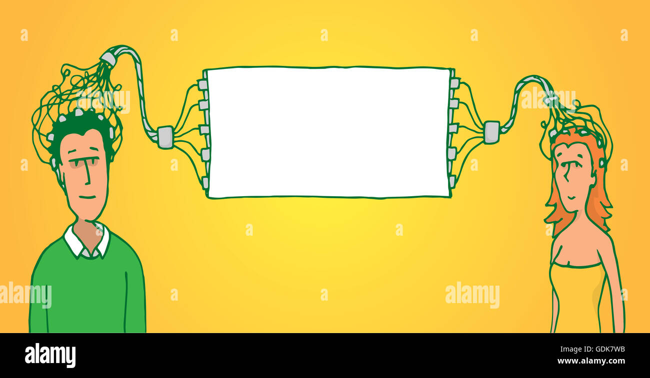Cartoon illustration of a couple connecting minds to a display Stock ...