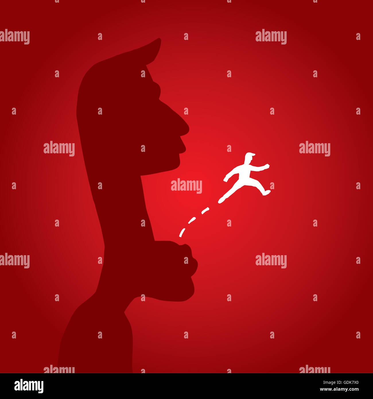 Cartoon illustration of tiny man jumping awayand escaping from certain ...