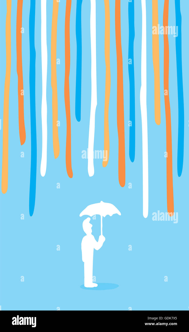 Cartoon illustration of colorful stripes falling like rain on man with ...