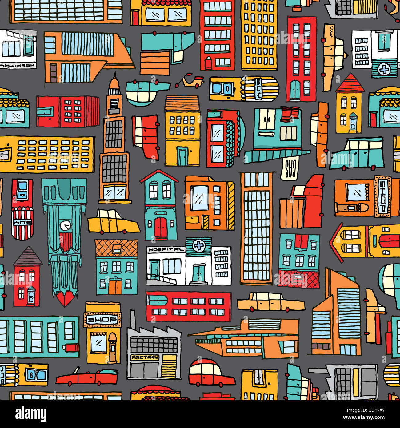 Cartoon illustration urban background or seamless colorful city pattern ...