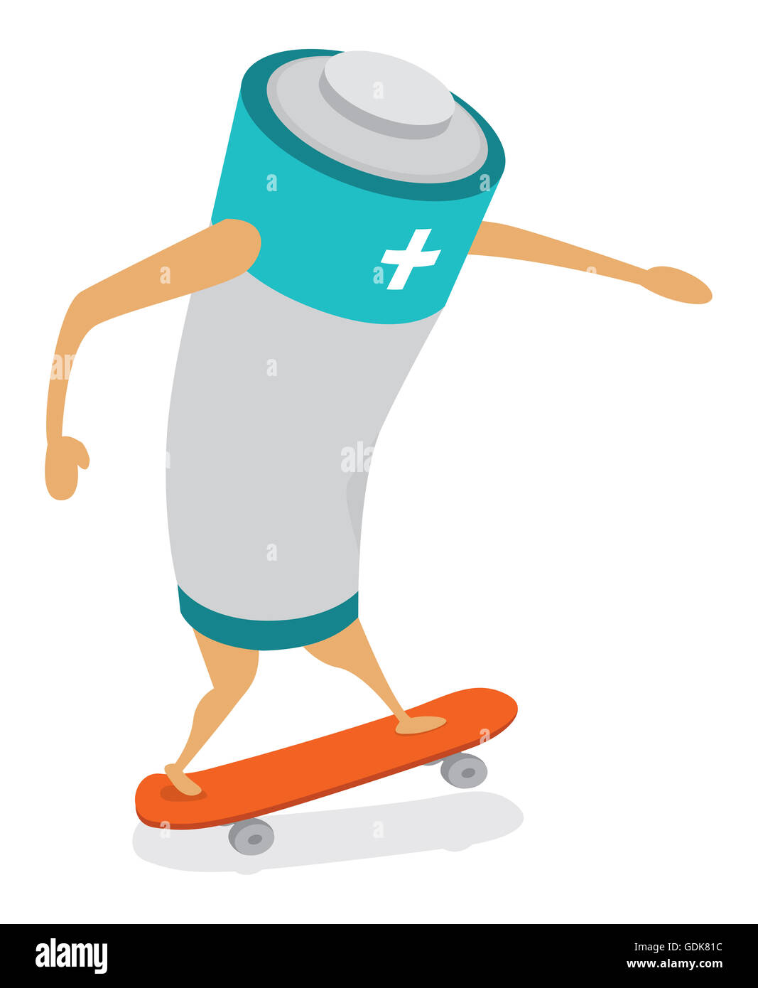Cartoon illustration of an active battery skating with positive energy ...