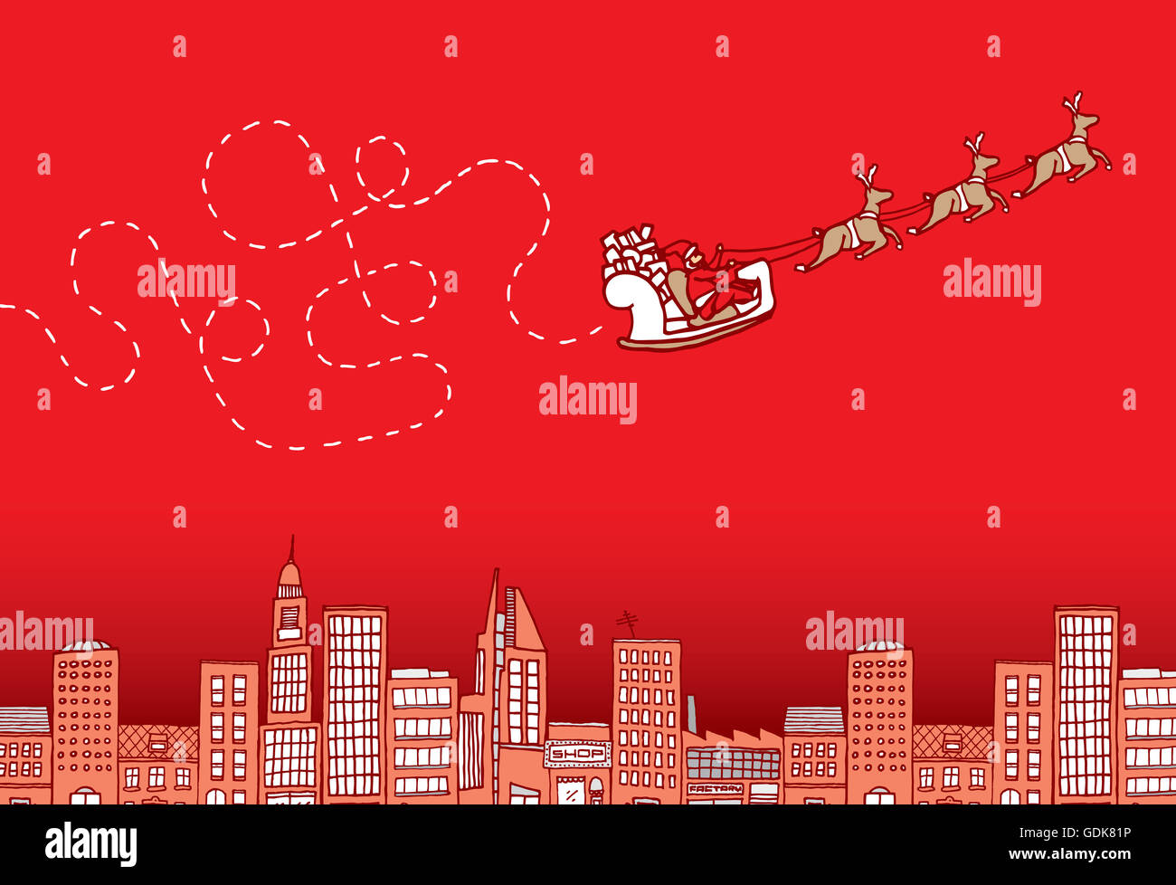 Cartoon illustration of a lost santa on christmas flying over the city ...