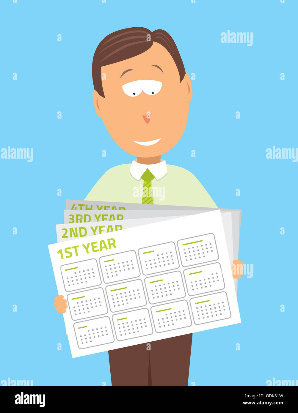 Cartoon illustration of a businessman planning his future and holding ...