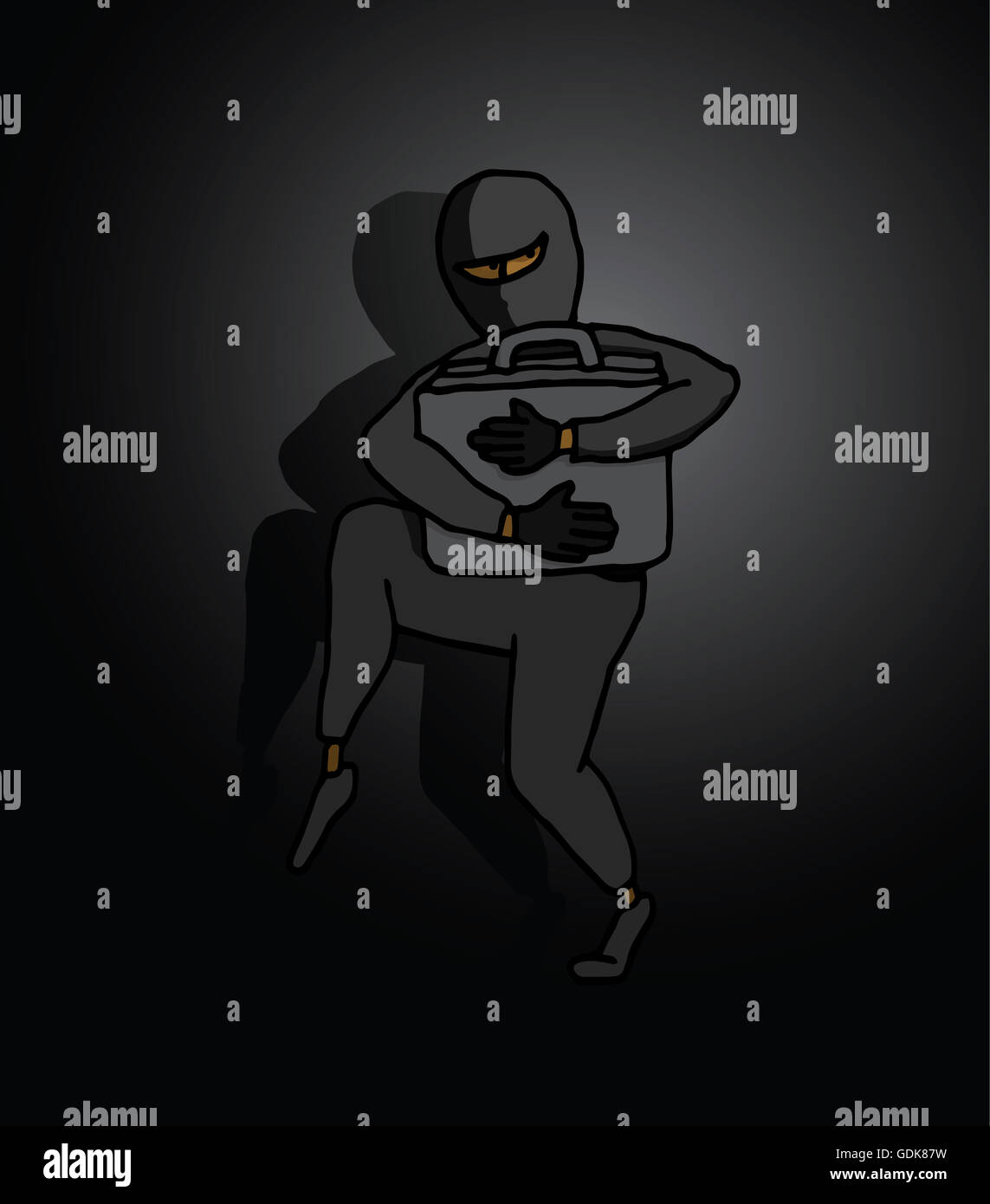 Cartoon illustration of a stealth spy or thief stealing a briefcase ...