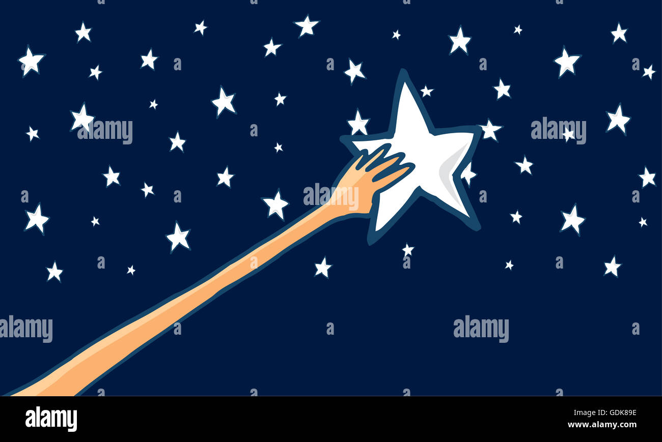 Cartoon illustration of long arm reaching for his dreams and grabbing a ...