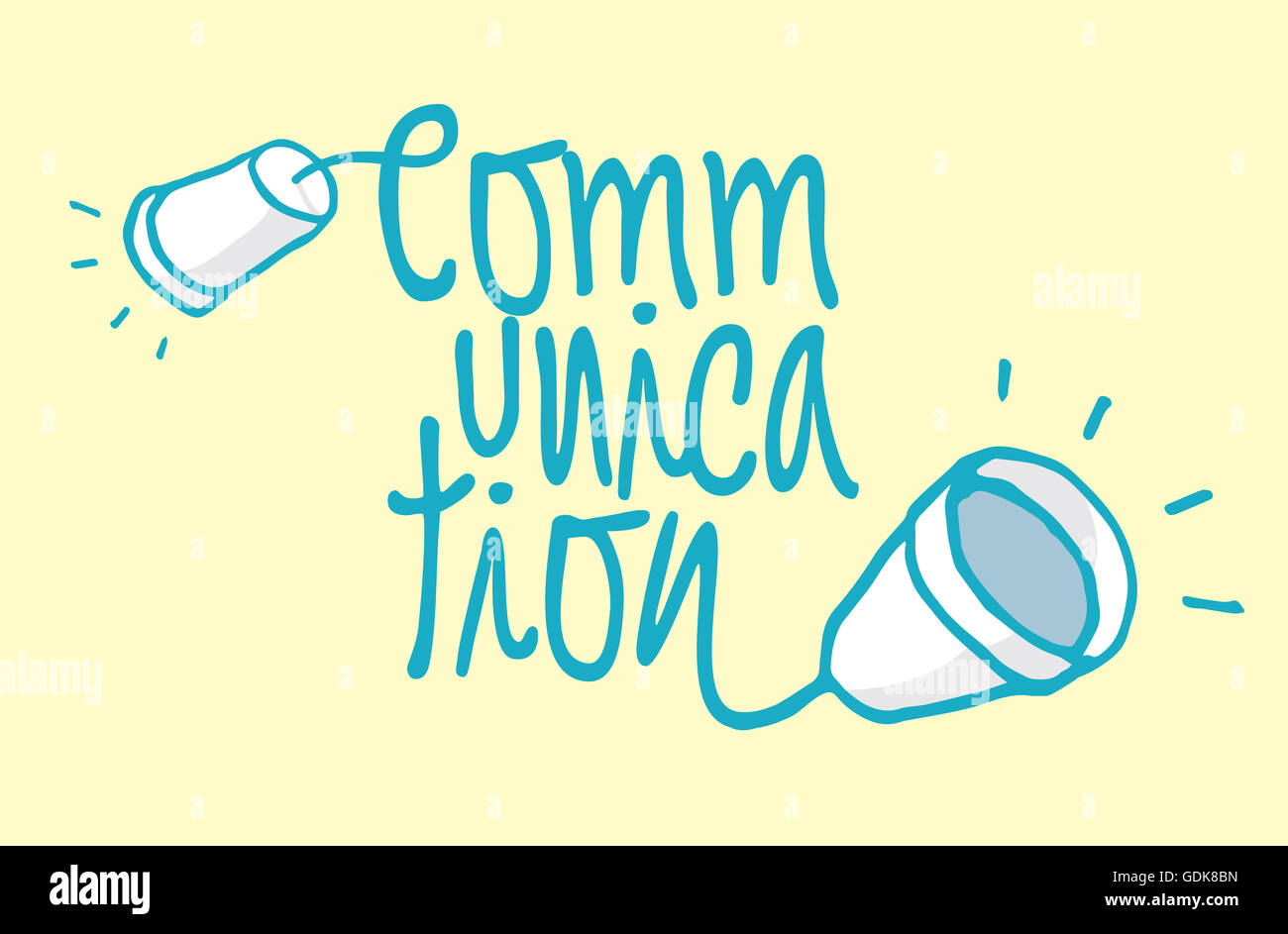 Cartoon illustration of communication word with two cups as cable phone ...