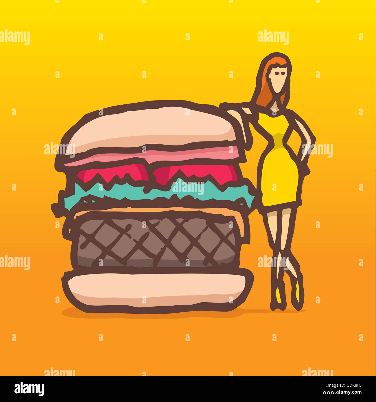 Cartoon illustration of a model posing next to a huge hamburger Stock ...