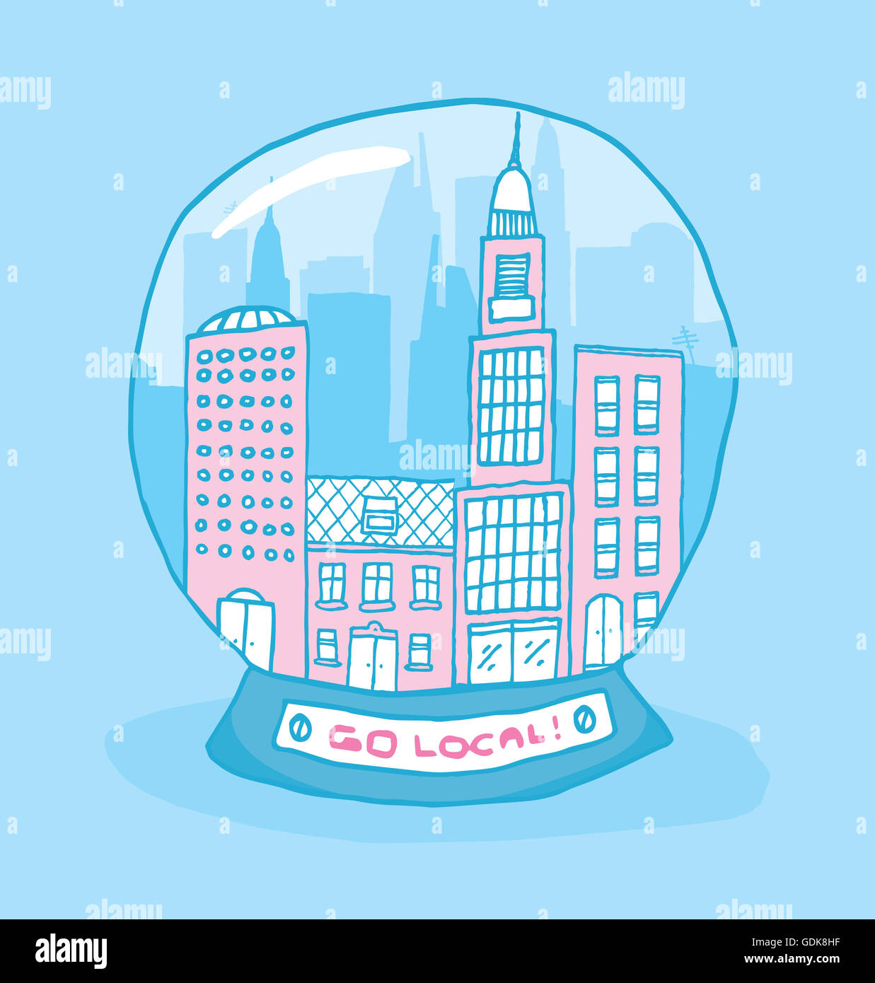 Cartoon illustration of a city globe supporting local products Stock ...