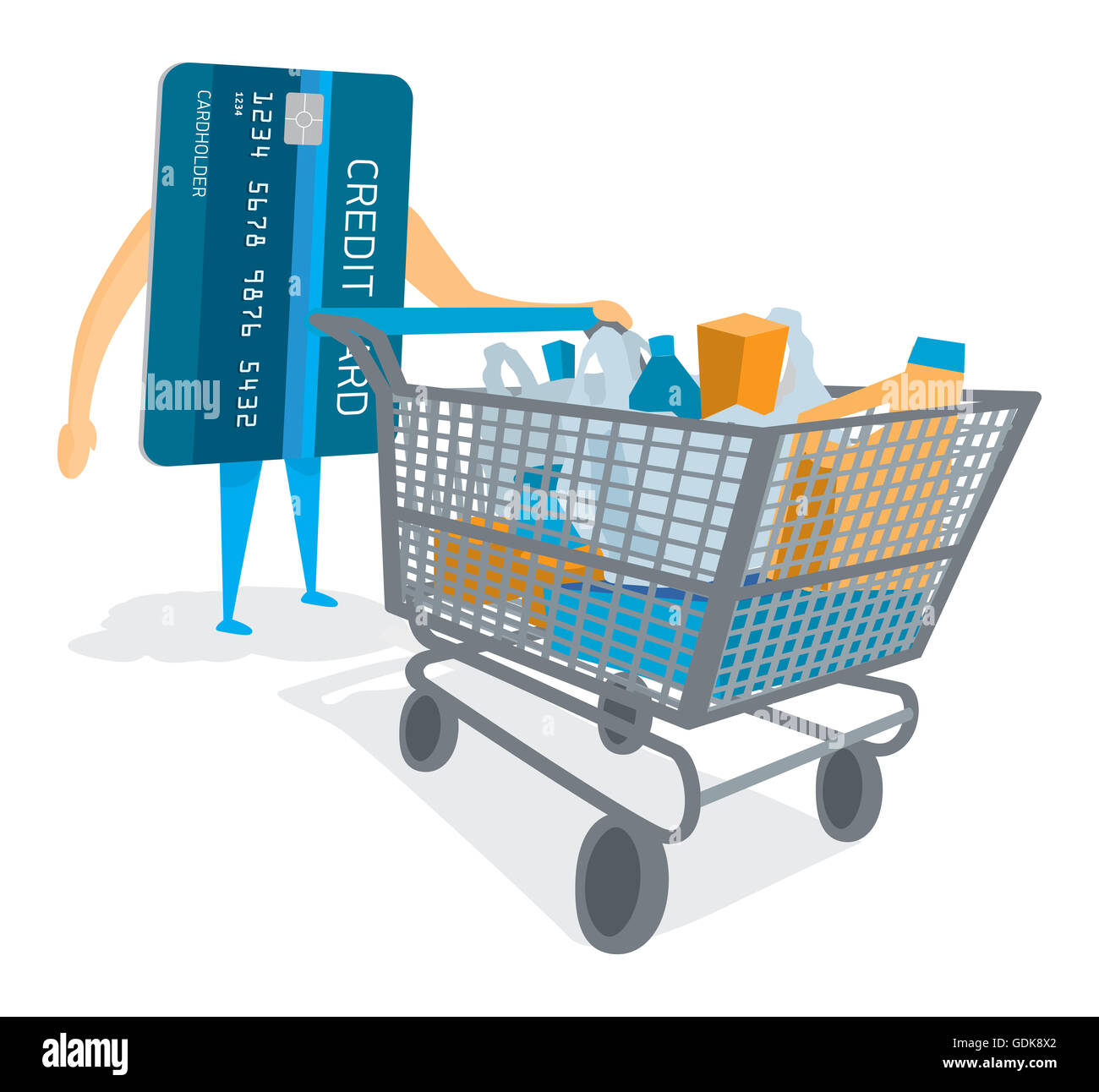 Cartoon illustration of credit card pulling shopping cart Stock Photo ...