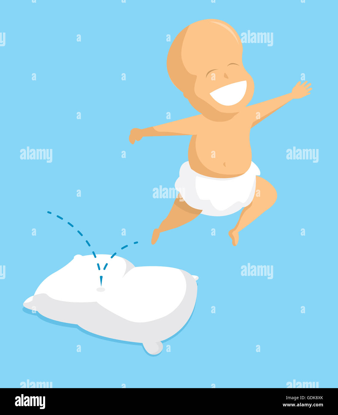 Cartoon illustration of hyperactive baby jumping on pillow Stock Photo ...