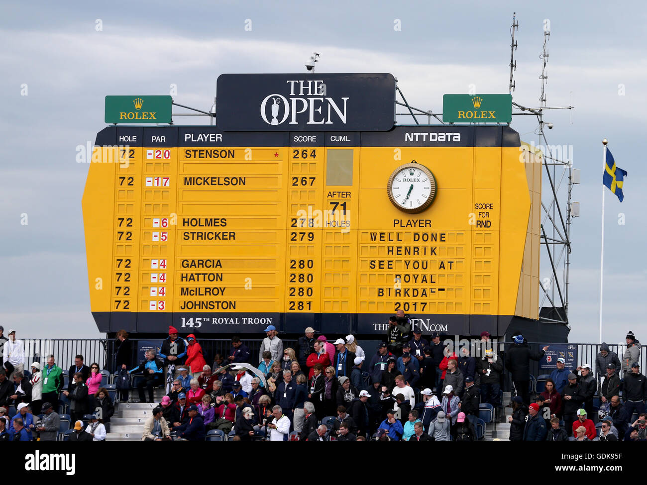 The scoreboard on the 18th Grandstand shows Sweden's Henrik Stenson as ...
