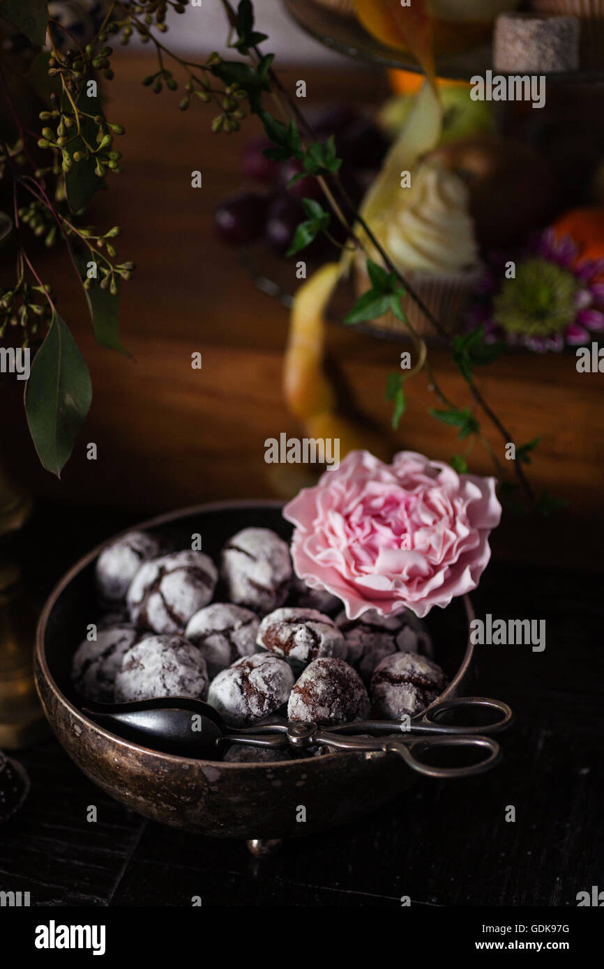 Detail shot of sweet table inspired by Dutch masters still lifes. Dark ...