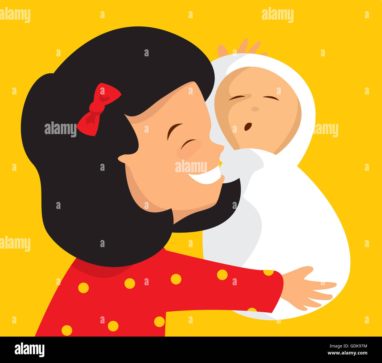 Cartoon illustration of sibling love between sister and newborn baby ...