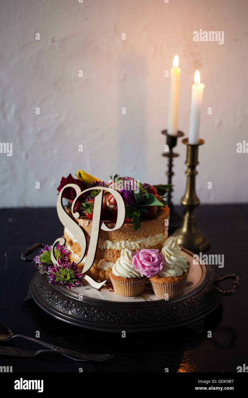 Detail shot of sweet table inspired by Dutch masters still lifes. Dark ...